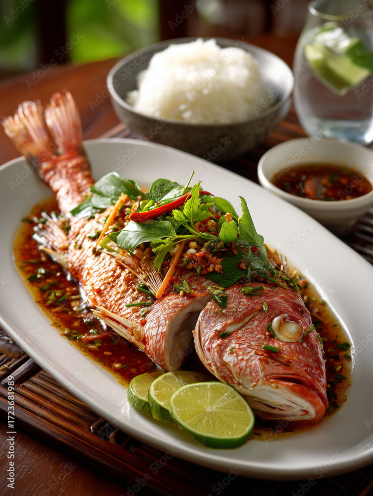 Steamed red snapper with thai herbs and lime Stock Photo | Adobe Stock