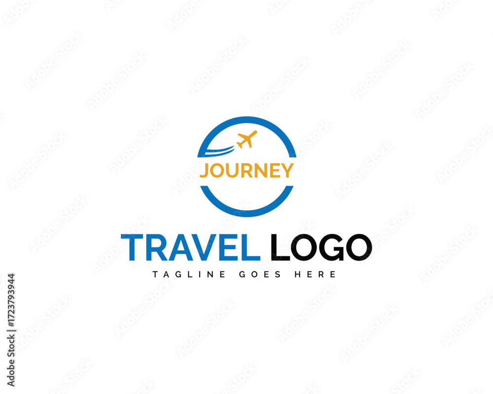 Blue circle with yellow airplane and text Journey and Travel Logo ...