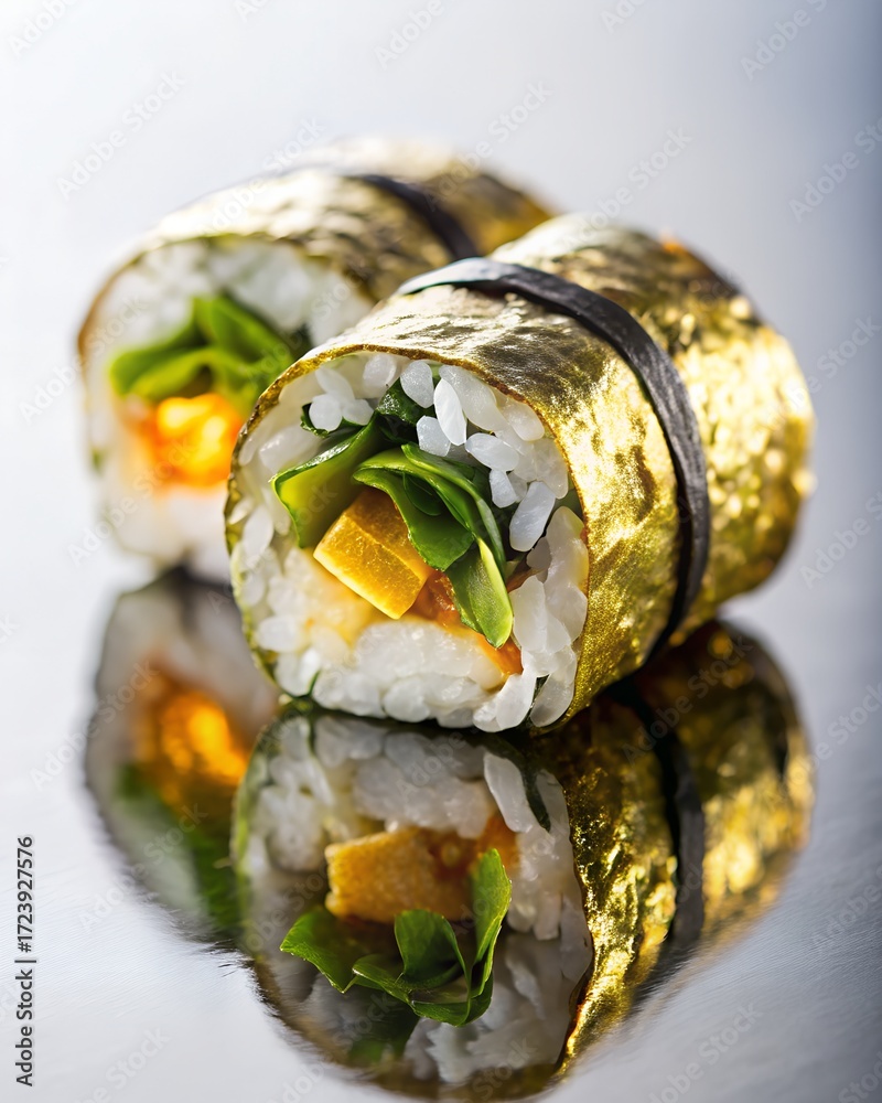 Exquisite sushi roll wrapped in edible gold leaf, a luxurious and ...