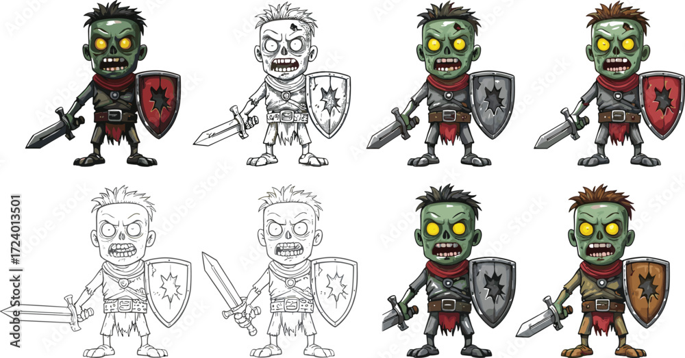 Cartoon zombie warriors with swords and shields — colored and line art ...