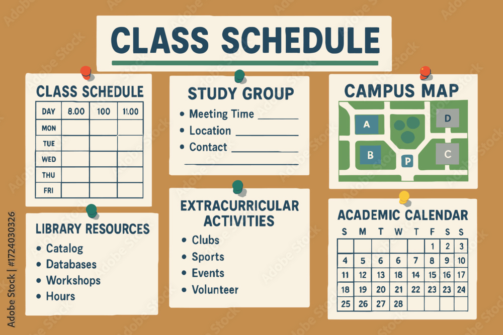Class schedule and campus information pinned to a bulletin board for ...