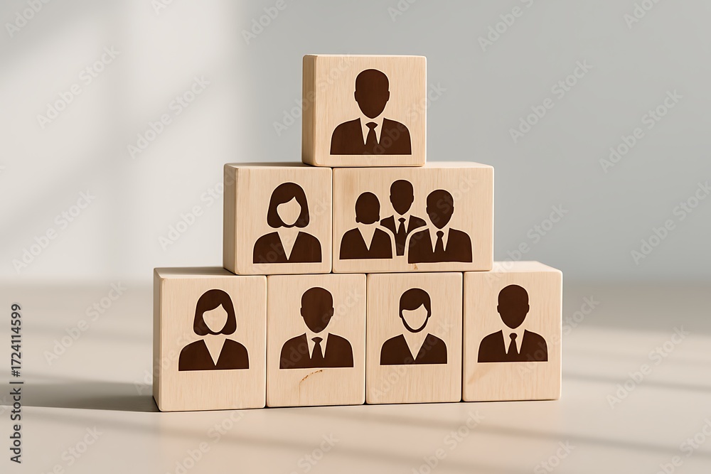 Human resources leadership pyramid concept with wooden blocks and icons ...