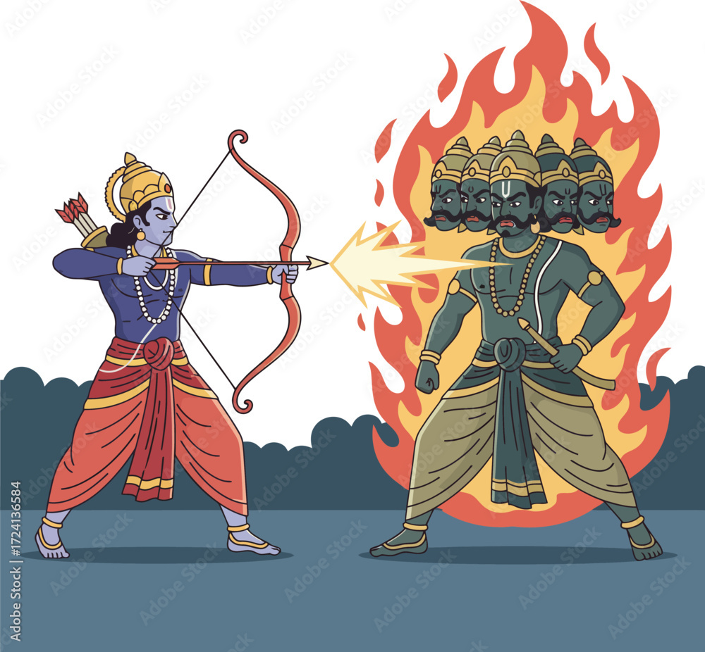 Vektor Hindu god Rama slaying the powerful demon king Ravana with an ...