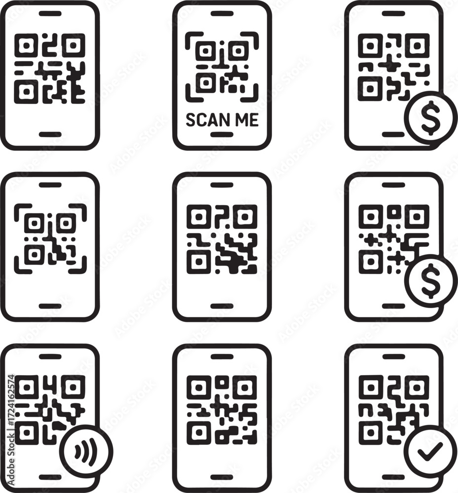Nine smartphone icons with QR codes and payment icons Keywords ...