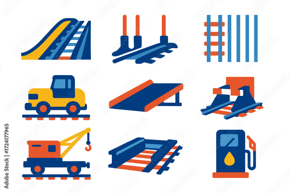 Modern Rail Yard Icons. Flat vector icons of rail yard equipment: hump ...