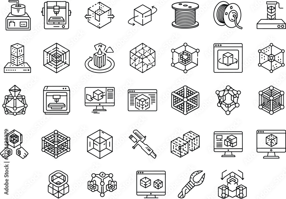 3D Printing Technology Line Icon Set: Vector Outline Symbols of ...