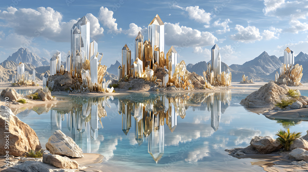 Futuristic CGI Visuals Stunning crystal landscape reflecting in water ...