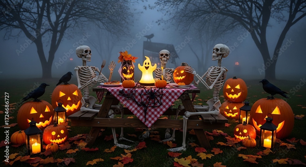 Halloween picnic skeletons dine at a picnic table amidst pumpkins and ...