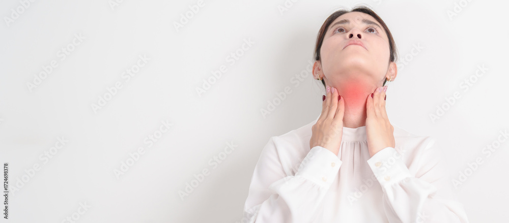 business Woman checking Thyroid gland disease. Hand holding Neck pain ...