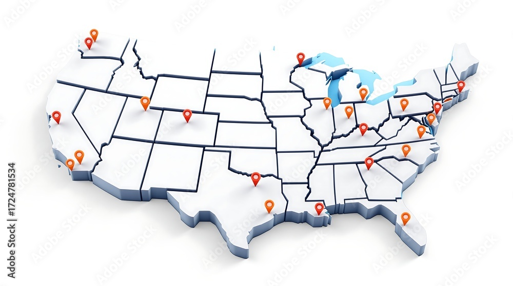 United states map with location pins usa travel destinations and cities ...