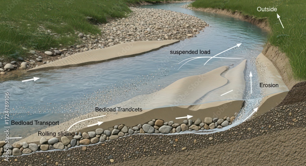 Riverbed erosion and sediment transport diagram with rolling, sliding ...