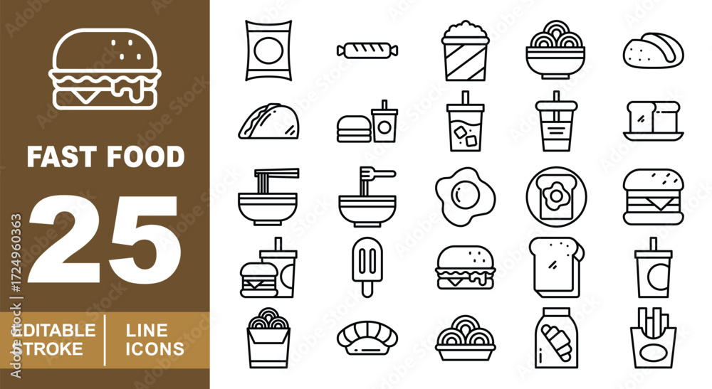 Fast Food set of web icons in line style. Burger, Pack, Sausage ...