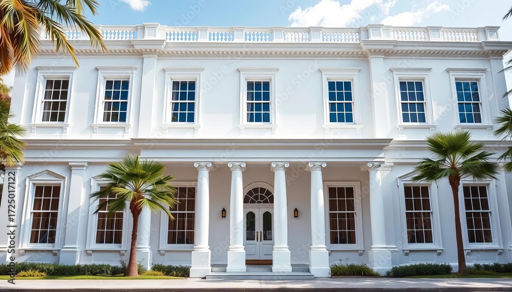 Classic white colonial facade, symmetrical windows, tall pillars, front ...