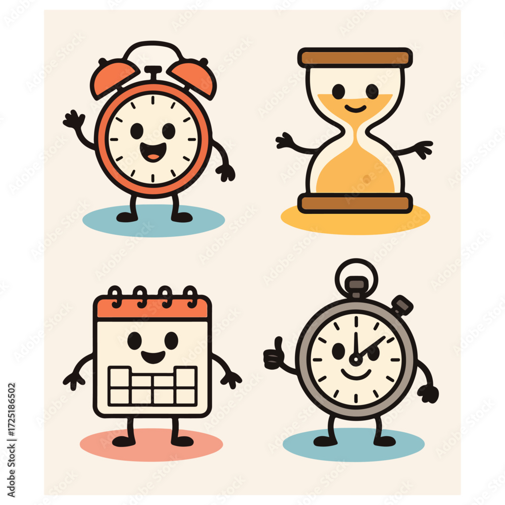 Time Management Mascots Set — Clock, Hourglass, Calendar and Stopwatch ...