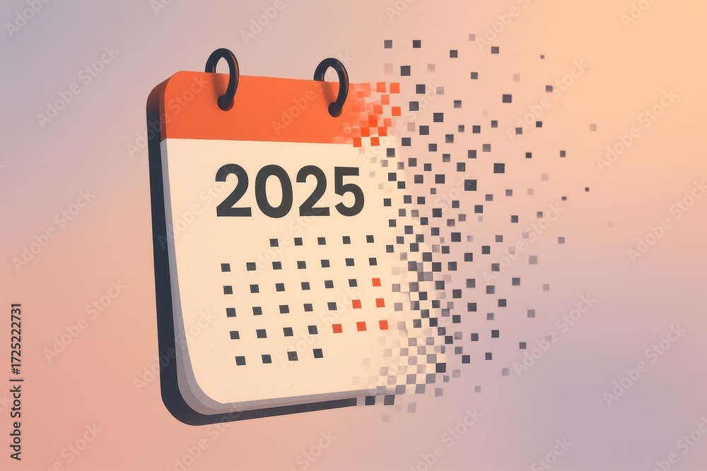 2025 calendar page disintegrating into pixels, concept of time passing ...