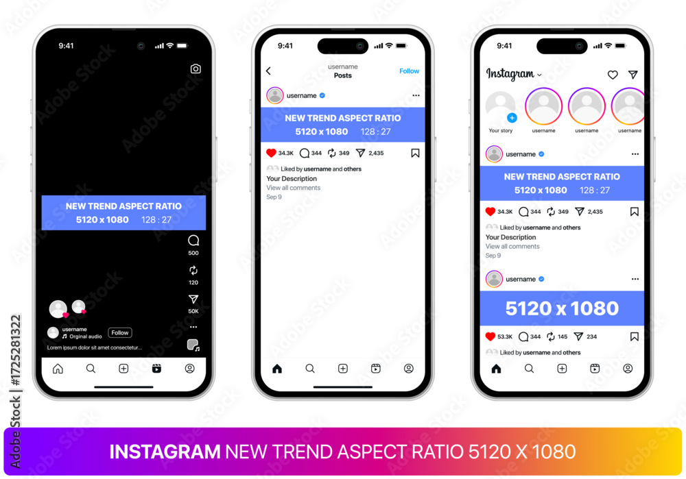 Ultra wide Instagram new post and reels UI mockups 5120x1080 aspect ...
