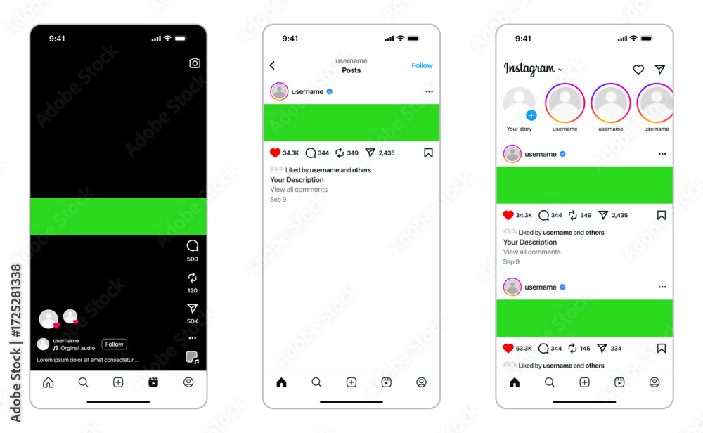 Vector de Stock Ultra wide Instagram new post and reels UI mockups ...
