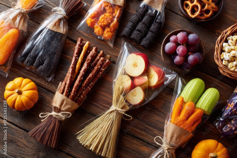 Autumn snack bags with fruits, vegetables, and treats. Halloween-themed ...