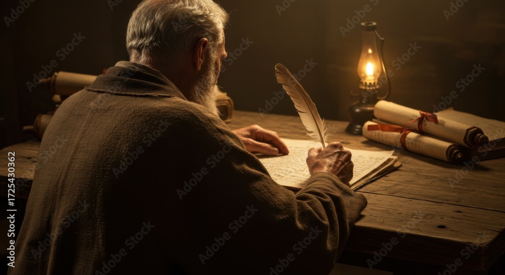 Old man writing with quill pen by lantern light. Historian creates ...