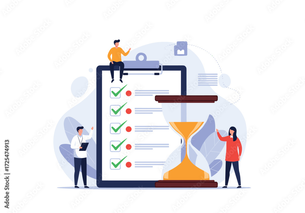 Planning and completing tasks with a checklist and hourglass. Stock ...
