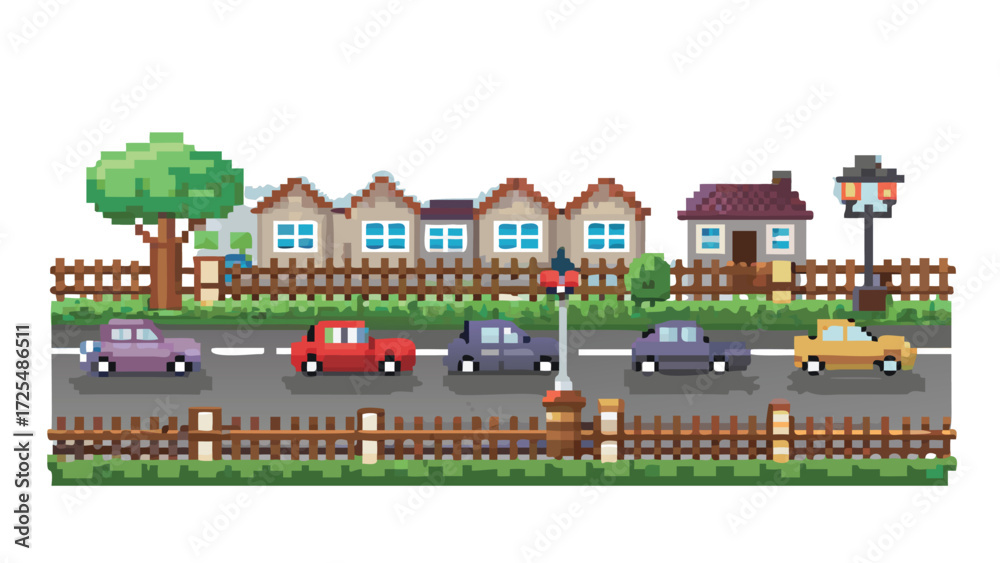 Stock-Vektorgrafik „Suburban Street 8-Bit Pixel Art Background ...