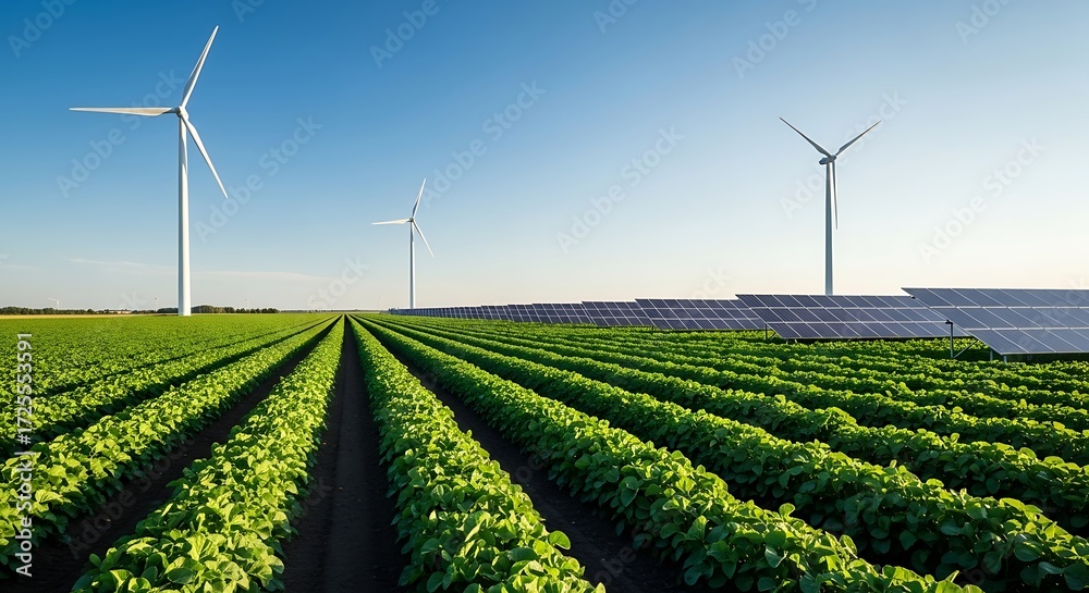 Farm landscape shows rows of crops growing near wind turbines and solar ...
