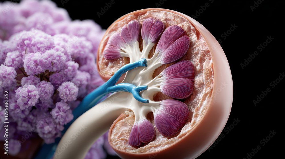 Medical illustration of human kidney cross section revealing painful ...