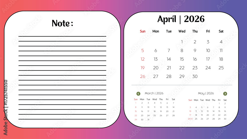 April 2026 Calendar with Notes Printable Monthly Planner Stock Vector ...
