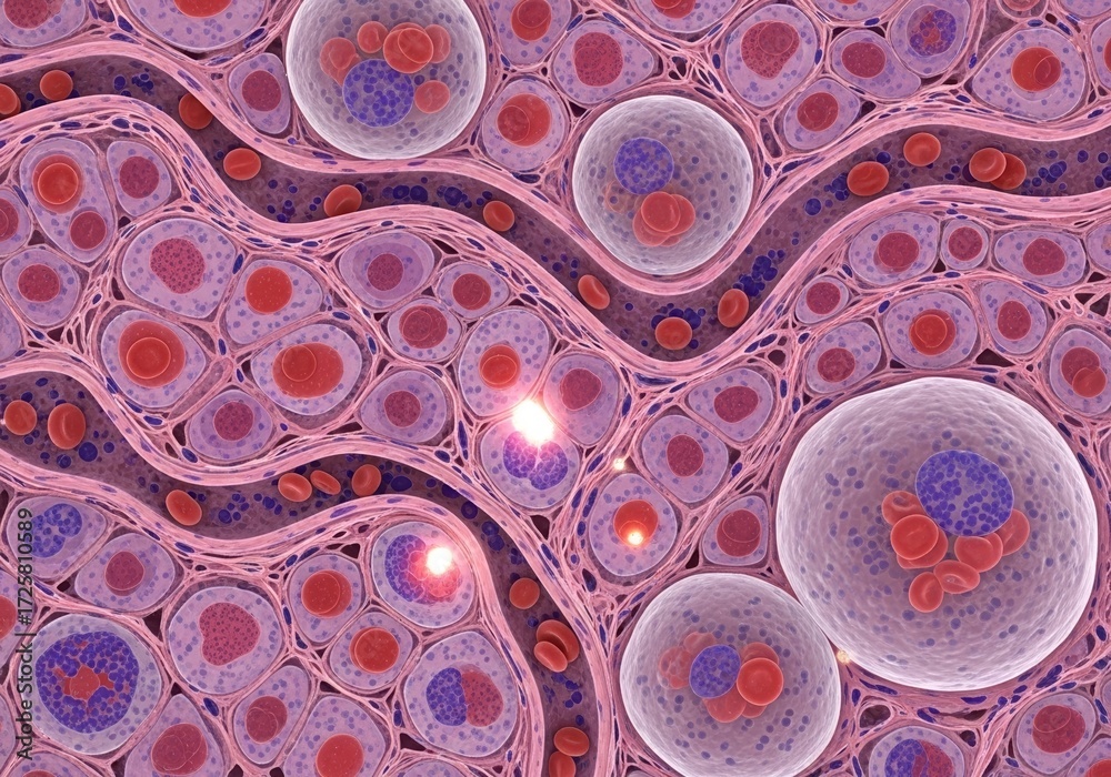 Hyper-detailed visualization of bone marrow showing developing blood ...