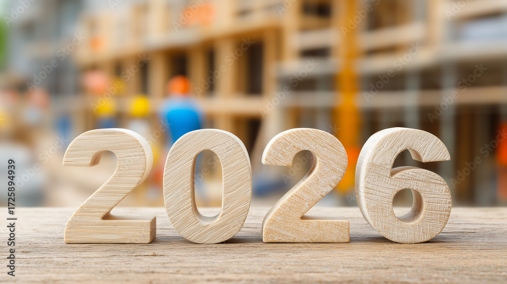 Wooden 2026 numerals with a construction backdrop, representing ...