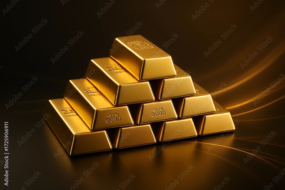 3D Pyramid of Stacked Gold Bars with Glowing Lines on Luxury Gradient ...