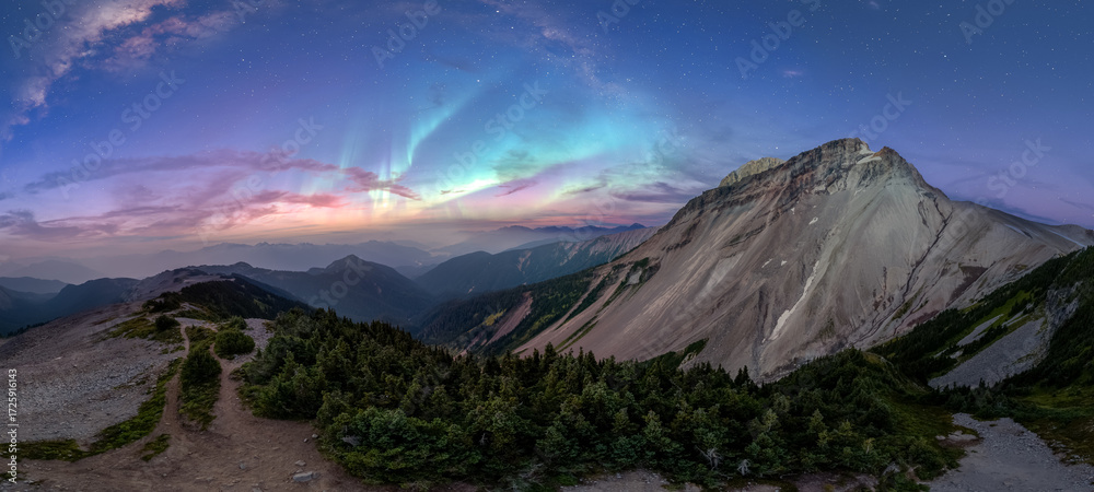 Aurora Lights Over Alpine Ridge at Night in British Columbia, Canada ...