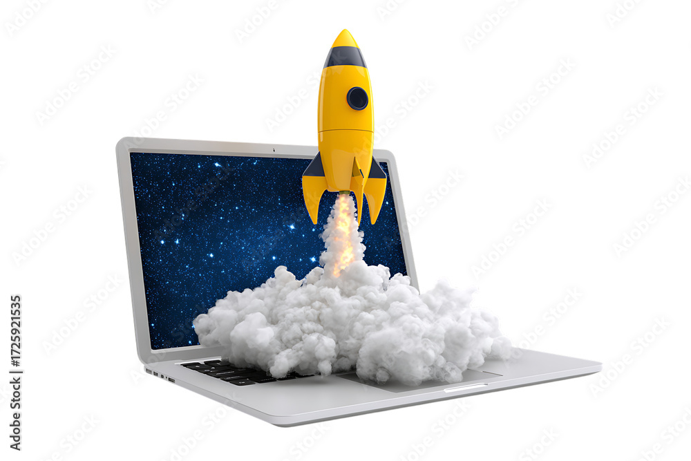 Laptop Startup Rocket Launch: Dynamic 3D Render of Yellow Rocket Ship ...