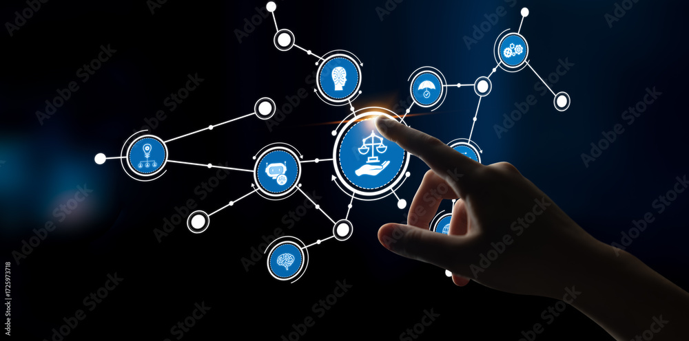 A hand interacts with a digital interface showcasing various law ...