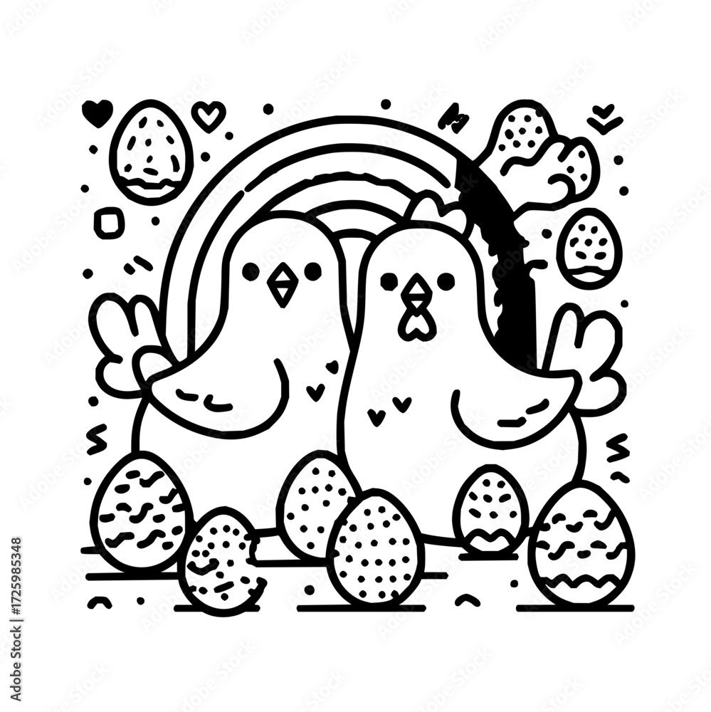 Two cartoon chicks with easter eggs and a rainbow in a black and white ...