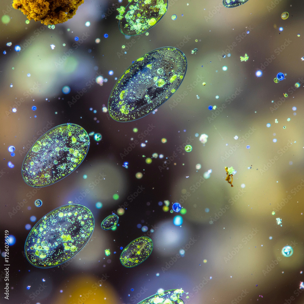 Microscopic view of paramecium cells floating in colorful liquid under ...