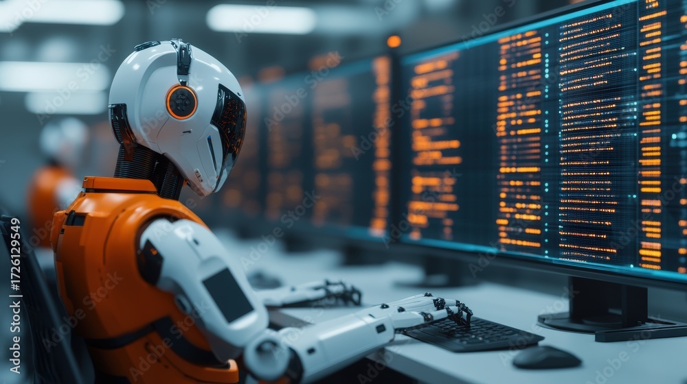 Robot programmer typing on a keyboard, developing artificial ...