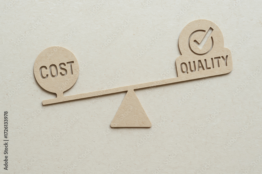 Ilustrace Balance cost quality concept with wooden scale and check mark ...