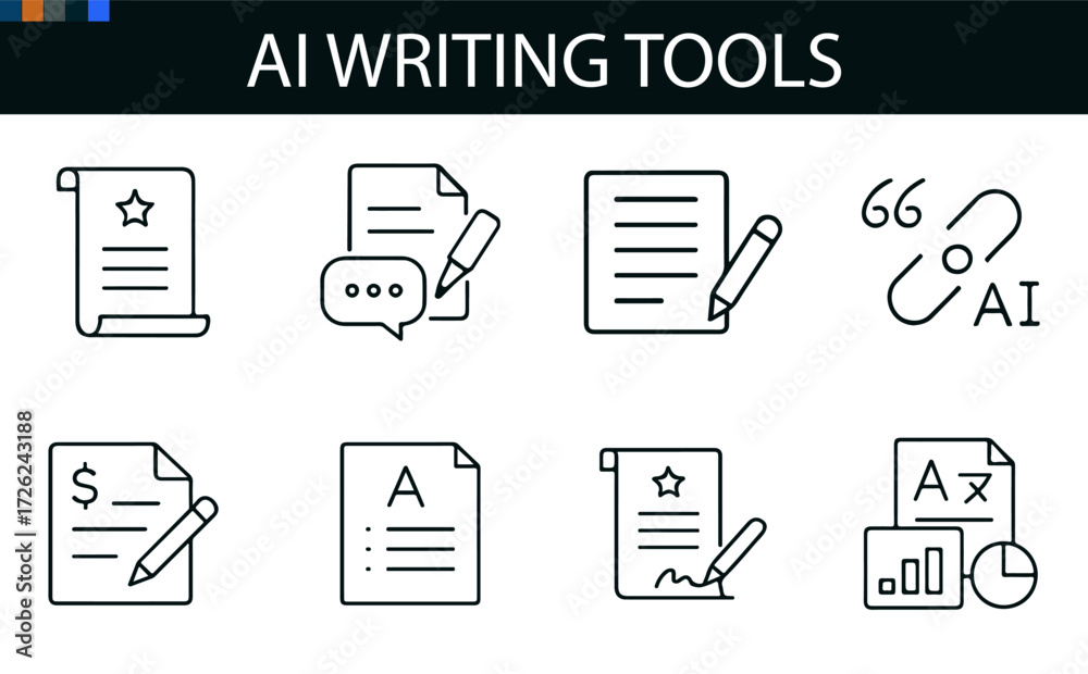 AI Writing Tools Icon Set – Vector Illustrations of Documents, Pencils ...