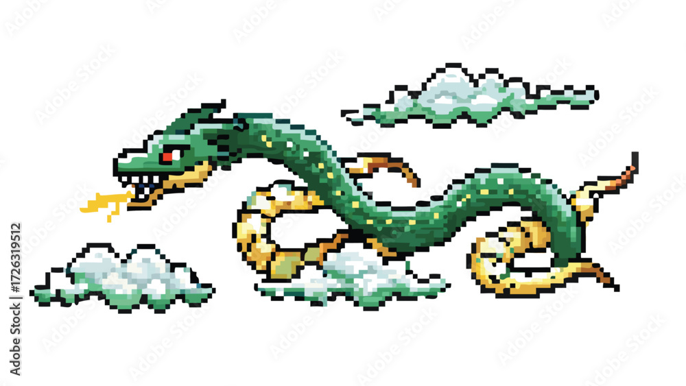 Serpent Dragon Pixel Art Sprite. Mystical Eastern Guardian for Fantasy ...
