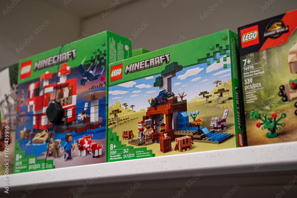 Lego Minecraft series boxes on store shelf. Toronto, Canada - September ...