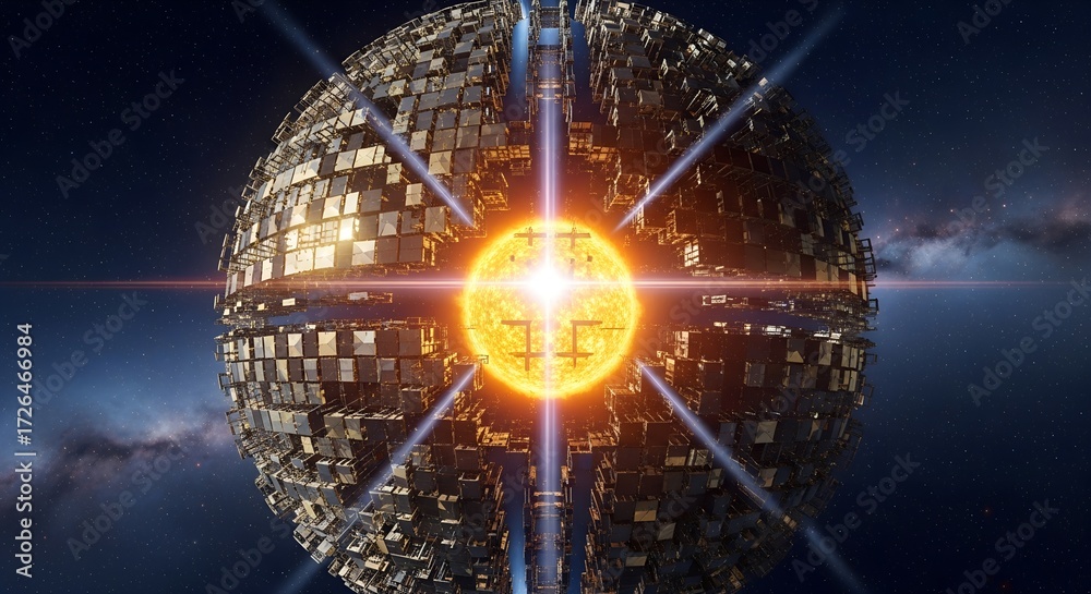 A Dyson Sphere surrounds a glowing star, harvesting energy through ...