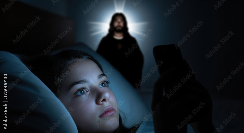 Young girl using phone at night in bed with bright Jesus Christ figure ...