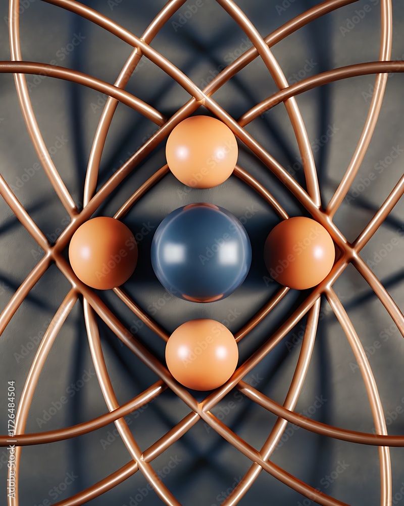 Symmetrical atomic structure with metallic glowing spheres Stock Photo ...