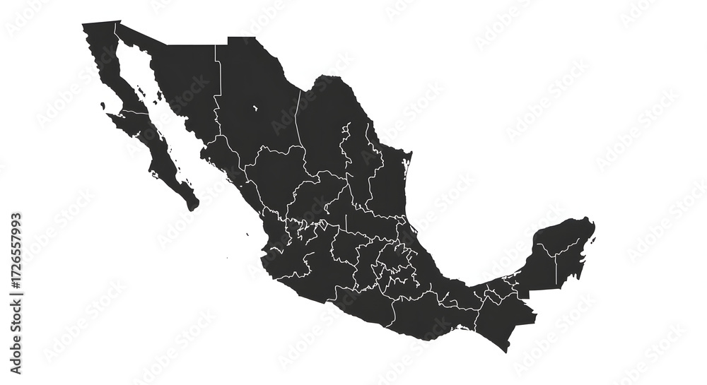 Dark silhouette map of mexico showing state borders Stock Photo | Adobe ...