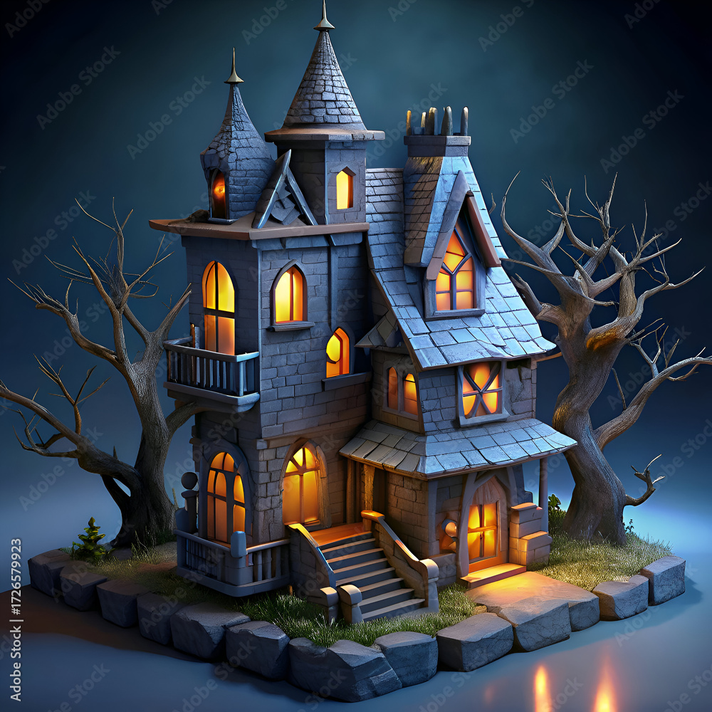 3D model of a spooky. gothic style haunted house illuminated at night ...