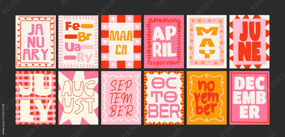 Monthly posters in retro cartoon design. Bright graphics with twelve ...