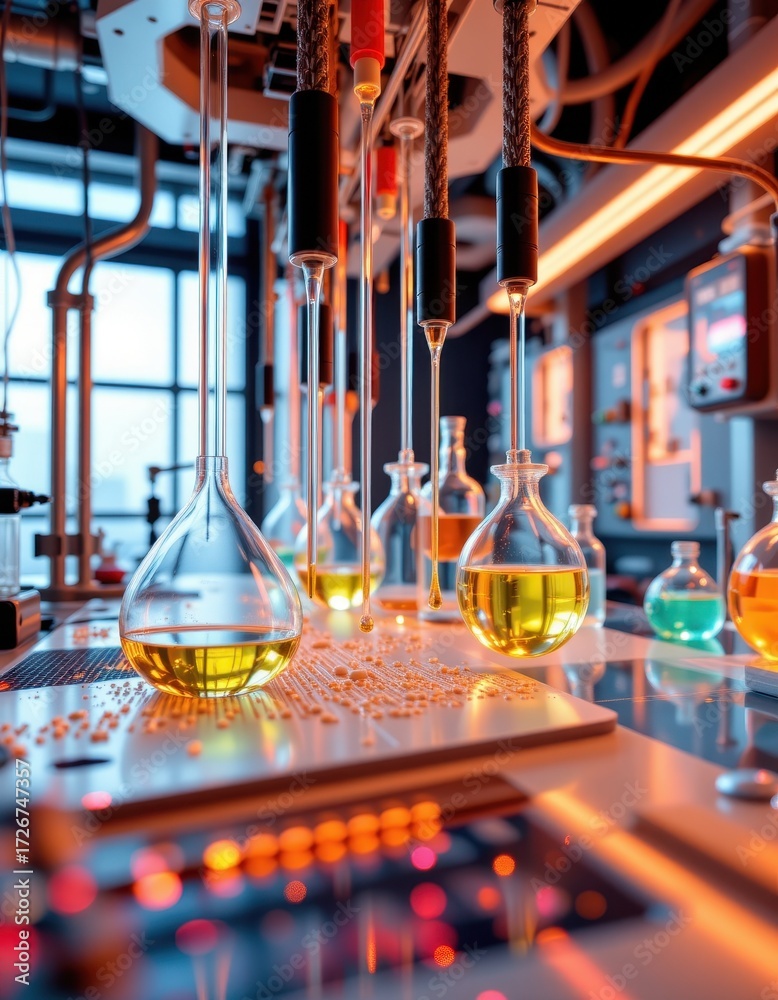 visualize a futuristic microfluidic lab where capillary action guides ...