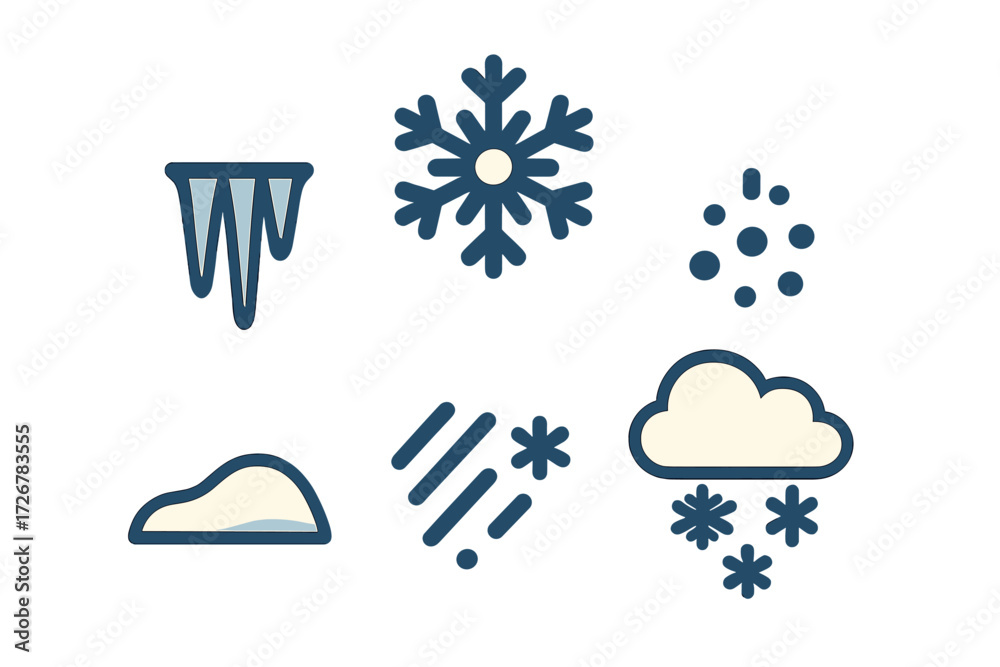Collection of winter weather condition icons including snowflake ...