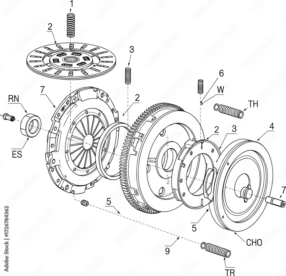 Exploded clutch assembly vector diagram with labeled mechanical parts ...